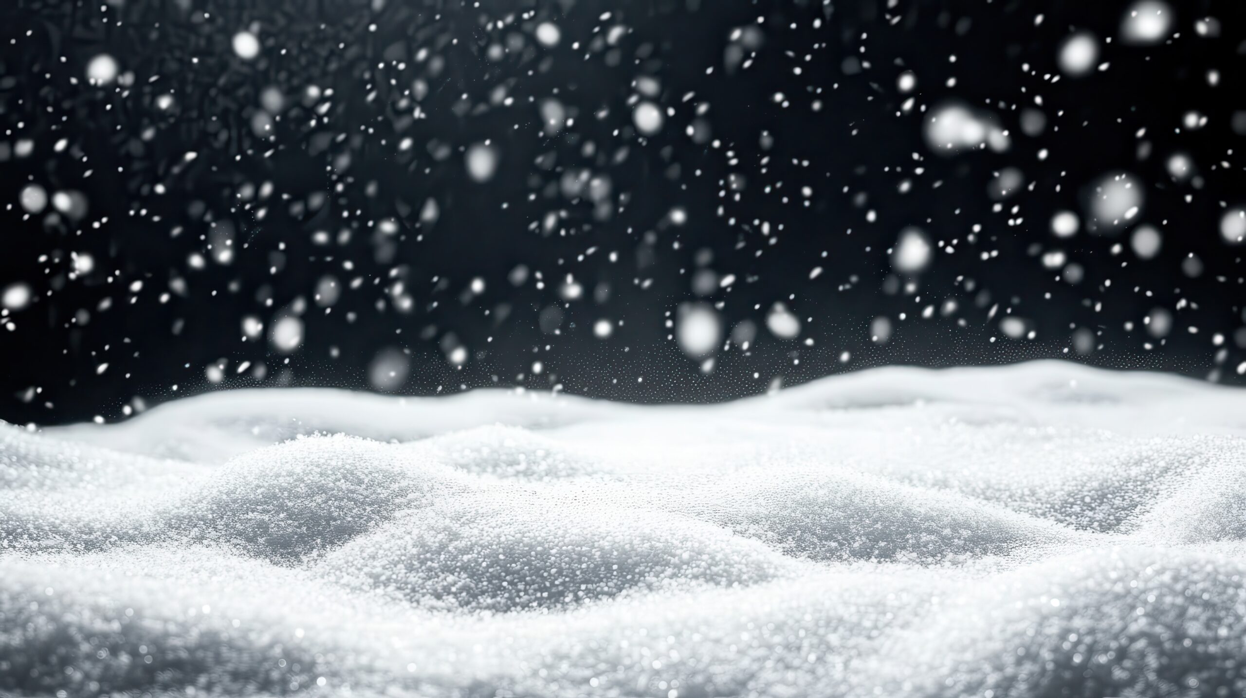 Falling snow over a field of smooth snowdrifts against a dark ...